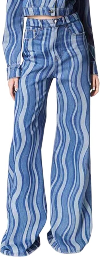 Glkaend Women High Waisted Stretch Washed Contrast Color Ripples ...