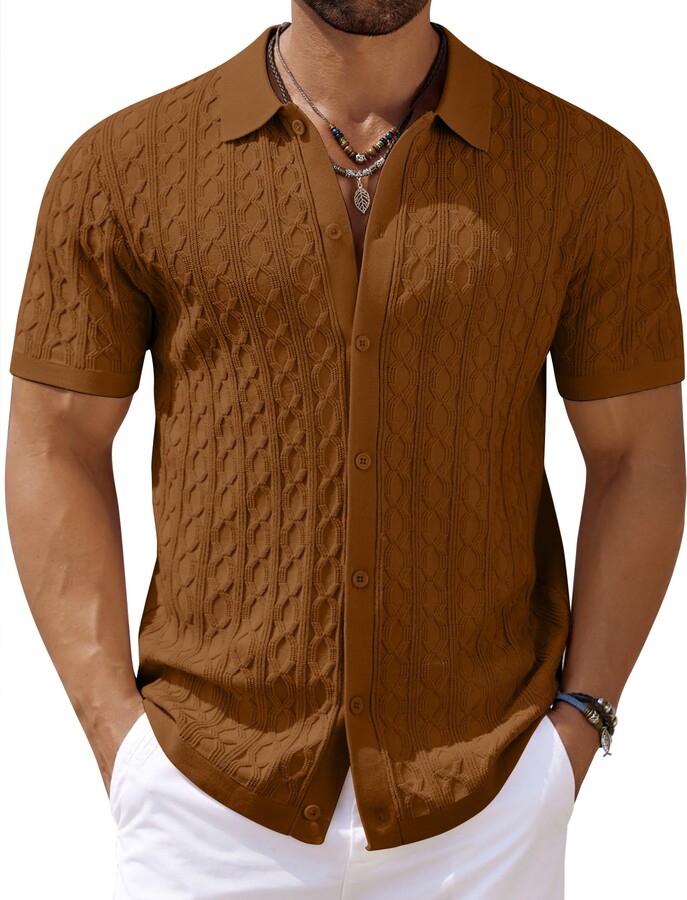 COOFANDY Men's Light Brown Medium Knit Short Sleeve Button-Down Vintage Polo Shirt - ShopStyle