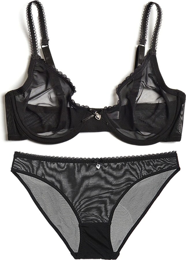 Dirie Women's See Through Bras and Panties Sets Sheer Unlined Lace Mesh Demi Underwired Bra Plus ...