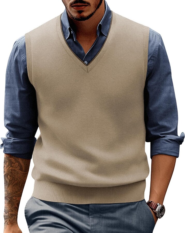 PaulJones Men's Sleeveless Pullover Vest V Neck Knitted Sweater Knitted ...