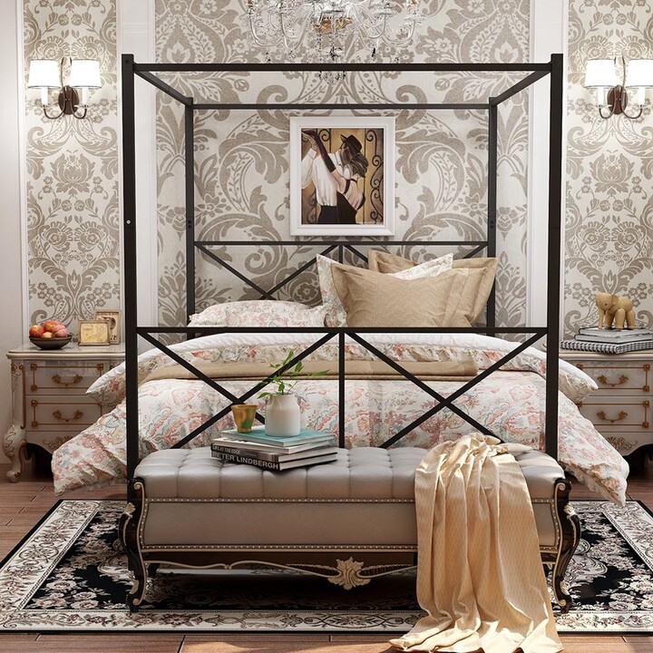 Metal Canopy Bed Frame, Platform Bed Frame Queen with X Shaped Frame ...