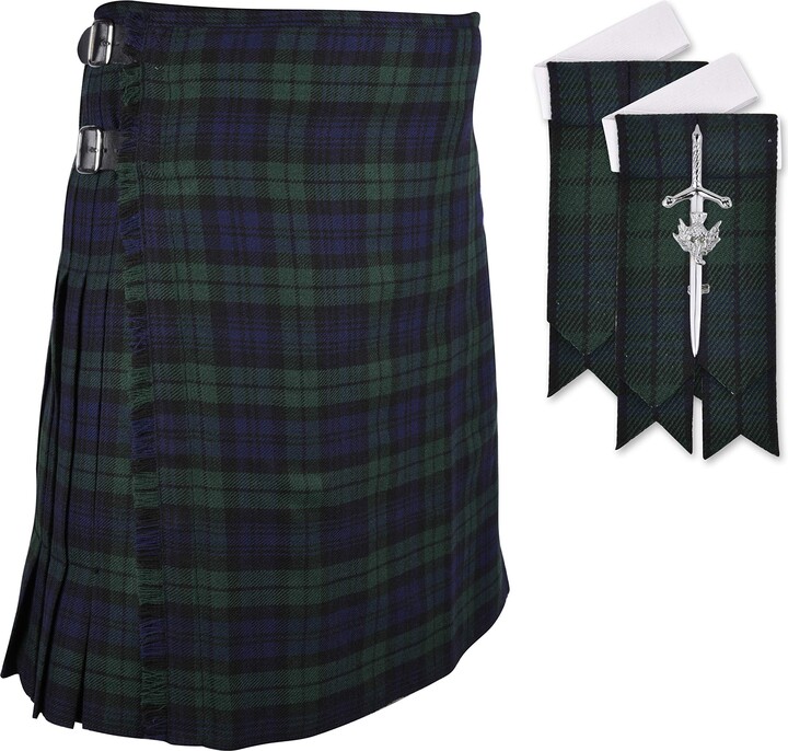DSS Kilts Scottish 8 Yard Black Watch Tartan Kilt for Men with Matching Sock Flashes and Thistle ...