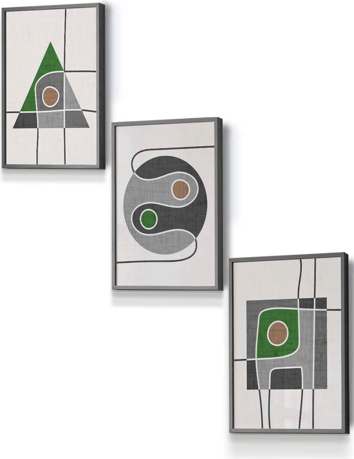 ARTZE Set of 3 Dark Grey Framed Mid Century Graphical Shapes in Grey ...