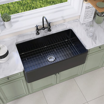 Ogonbrick Luxe Fireclay 36 in. Black Farmhouse Sink Apron Front Farm ...
