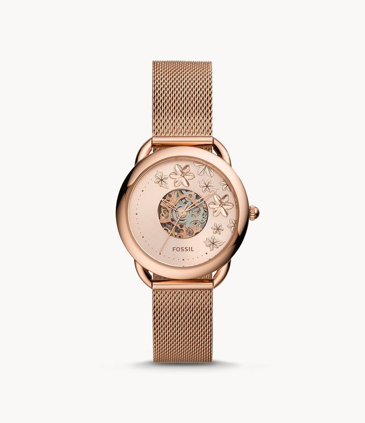 Fossil Tailor Automatic Rose Gold-Tone Stainless Steel Mesh Watch ...