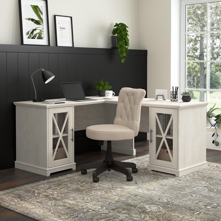 Bush Furniture Lennox Farmhouse L Shaped Desk with Storage Cabinets ...