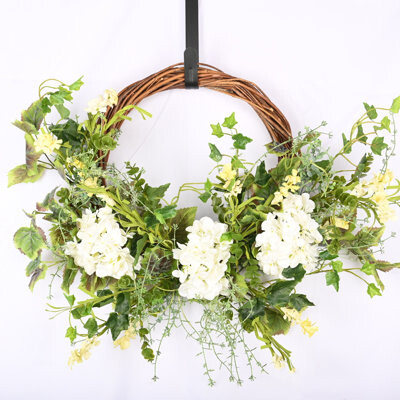 Primrue Handcrafted Faux Spring Summer 24'' Hydrangea Floral Wreath for ...