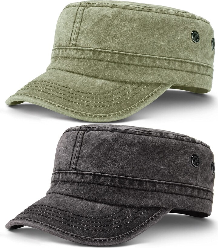 Geyoga 2 Pieces Cadet Army Caps Military Flat Top Cap Washed Military ...