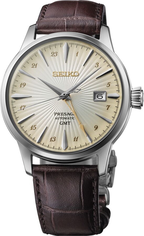 Seiko Men's Automatic Presage Cocktail Time Brown Leather Strap Watch ...
