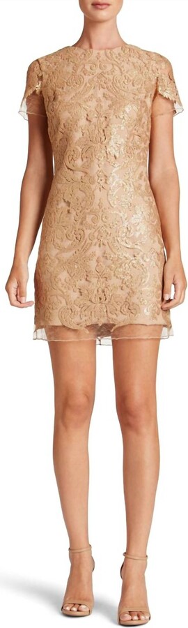 Dress the Population Megan Short Sleeve Sequin Lace Mini Dress In Gold ...