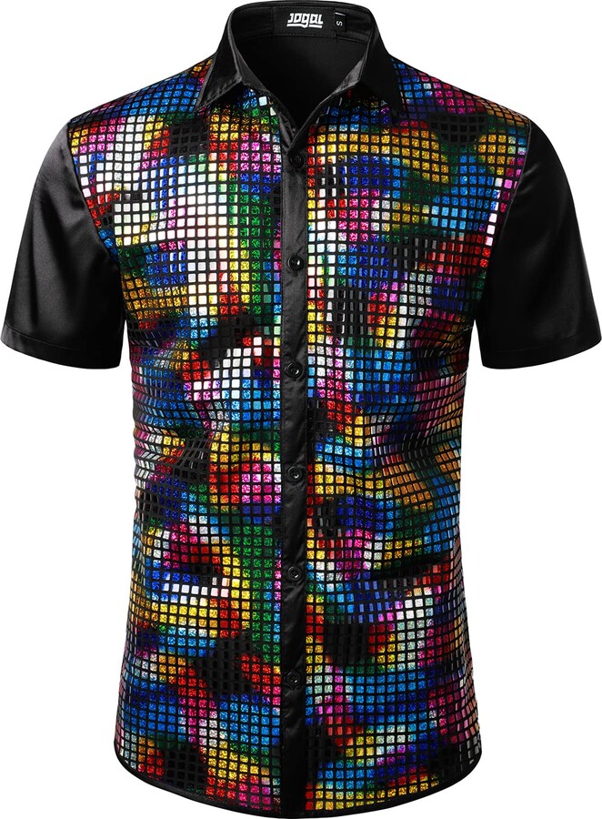 JOGAL Mens Dress Shirt Silver Sequins Short Sleeve Button Down 70s Disco Shirt Party Costume ...