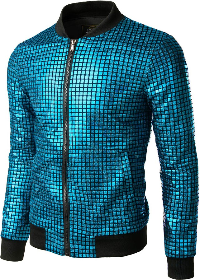 JOGAL Men's Metallic Sequins Gold Bomber Jacket 70s Disco Party Costume ...