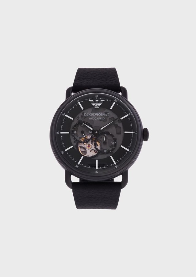 Emporio Armani Automatic Black Leather Watch - ShopStyle