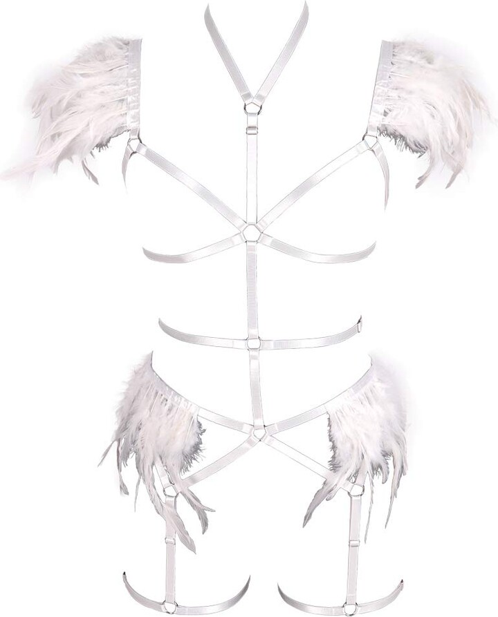 BBOHSS Women Feathers Epaulette Harness Bra Strappy Full Body Caged ...