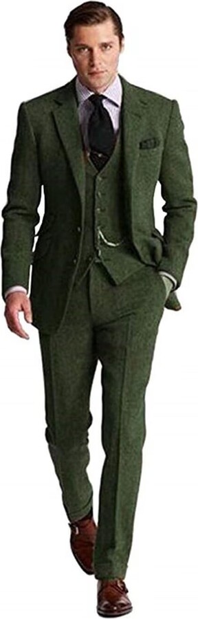 High-End Suits Retro Tweed Men's Suit 3 Piece Slim Fit Herringbone ...