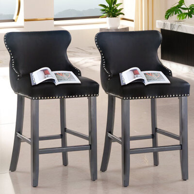House of Hampton Velvet Upholstered Wing-Back Solid Wood Bar Stools ...