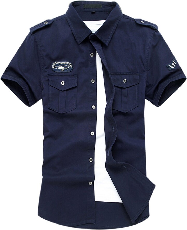 Gihuo Men's Short Sleeve Military Button Down Cargo Shirt - NAVY ...