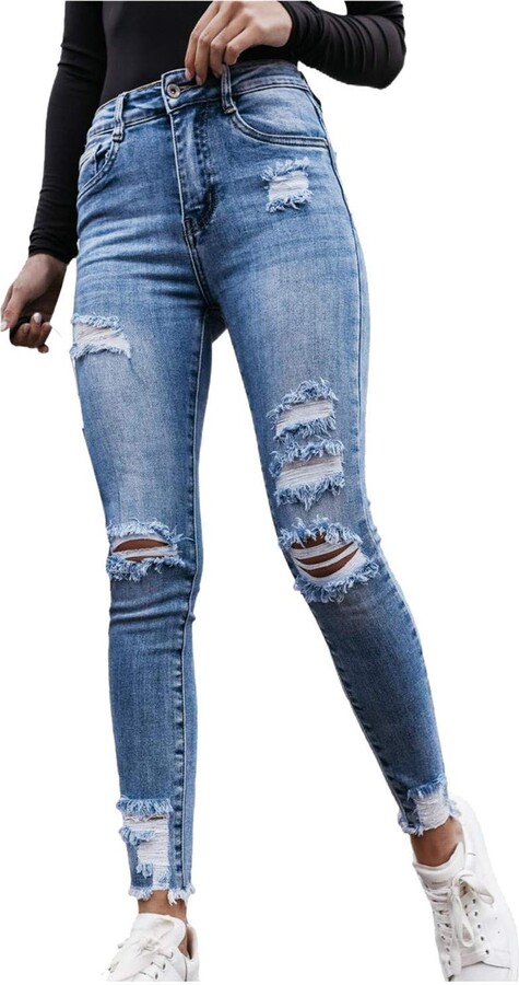 CHAOEN Womens Skinny Denim Ripped Jeans Butt Lifting Stretch Boyfriend ...