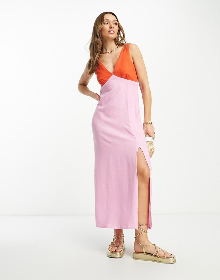 ASOS DESIGN linen v neck maxi slip sundress in pink and red colorblock ...