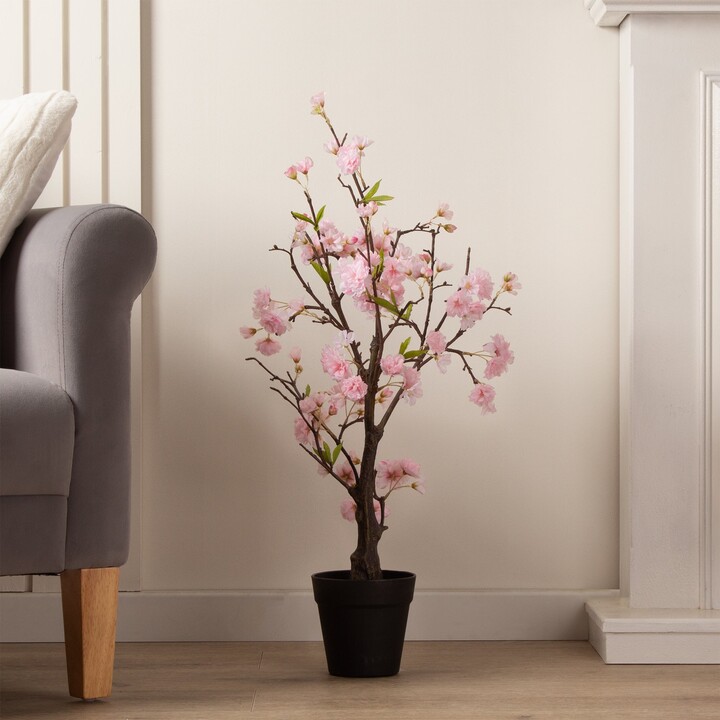 Dunelm Artificial Pink Cherry Blossom Tree in Black Plant Pot Pink ...