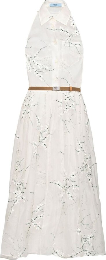 Prada Floral-Embroidered Silk Midi Dress - ShopStyle