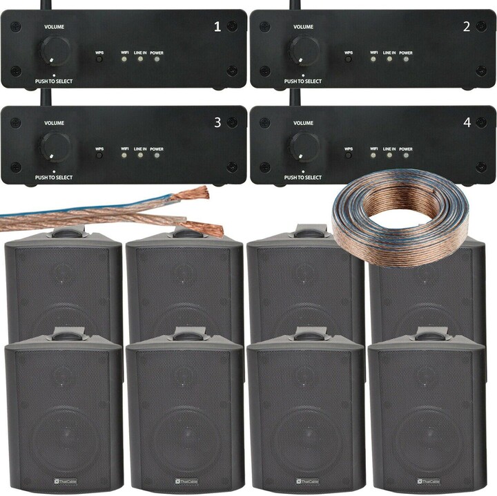 Loops Multi Zone WiFi Wall Speaker System Black 4 Room 80W Wireless Amp ...