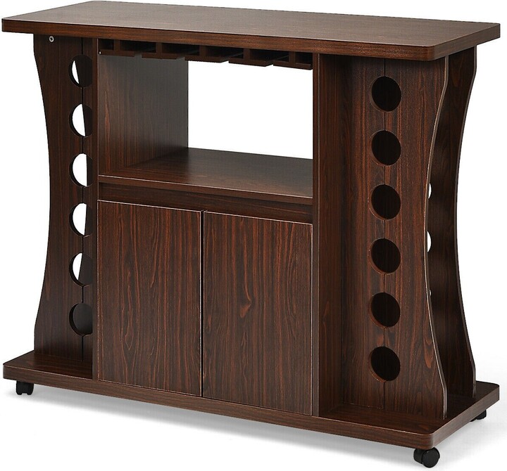 Rolling Buffet Sideboard Wooden Bar Storage Cabinet-Walnut - 43.5" x 15 ...