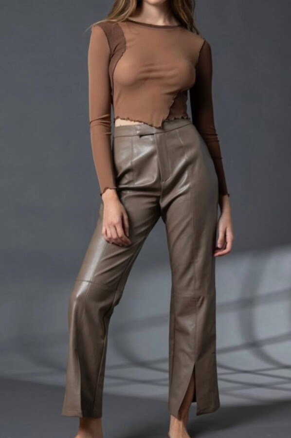 Papermoon Slit Front Faux Leather Pants In Chocolate Brown - ShopStyle