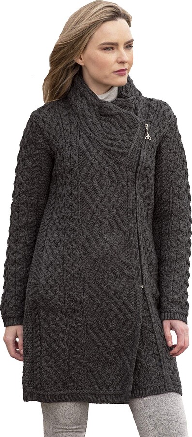 Aran Crafts Women's Irish Soft Cable Knitted Wool Side Zip Coat (Z4631 ...