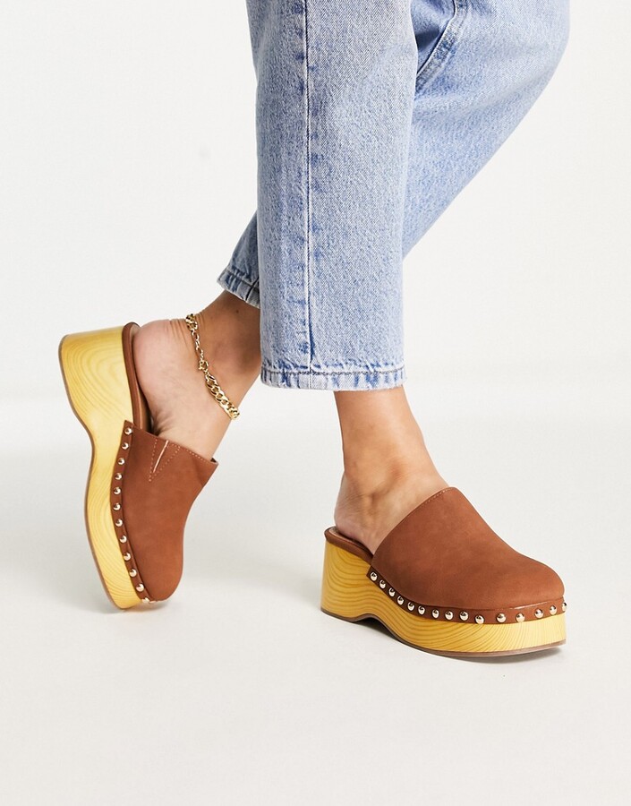 ASOS DESIGN Salvia flatform clog mules in tan - ShopStyle