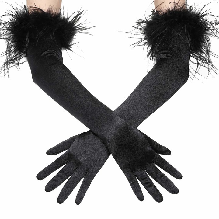 Coucoland Long Opera Gloves Satin Feather Gloves 1920s Style Bridal ...