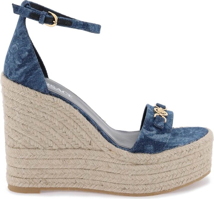 Versace denim barocco wedge sandals - ShopStyle