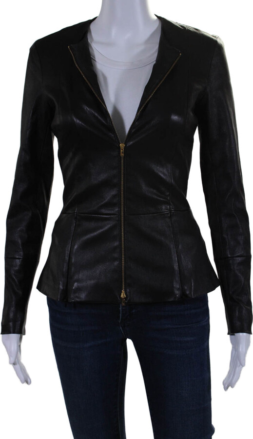 The Row Womens Long Sleeve Front Zip Crew Neck Leather Jacket Black ...