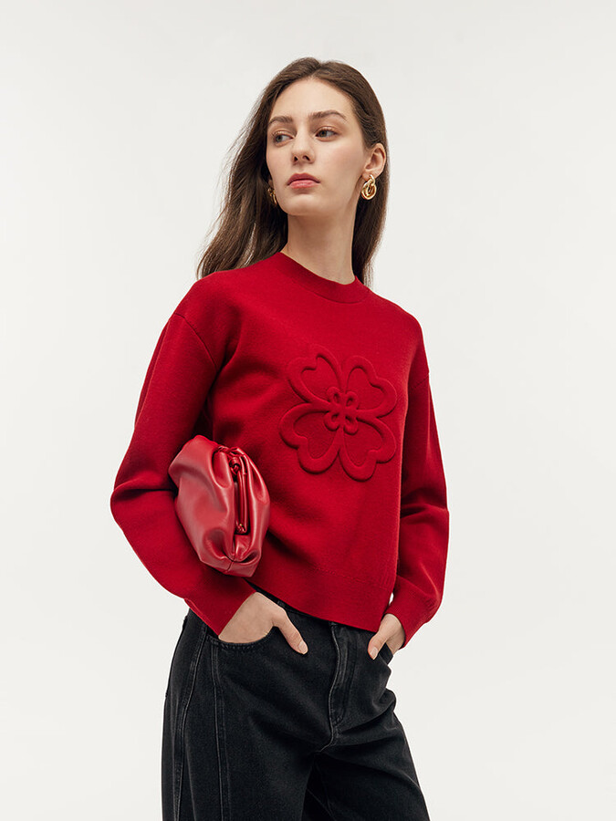 GOELIA Tencel Wool Blend Four-Leaf Clover Embossed Women Sweater ...