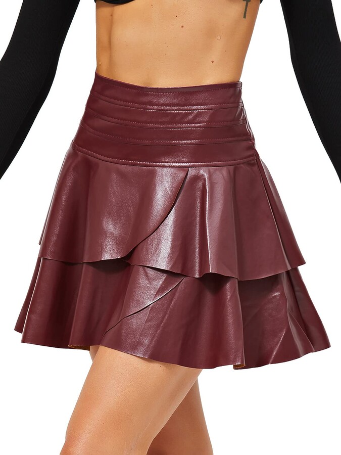 HAWILAND Women's Leather Skirt with Slit High Waist Faux Leather Skirt PU Mini Skirt Side Slit ...
