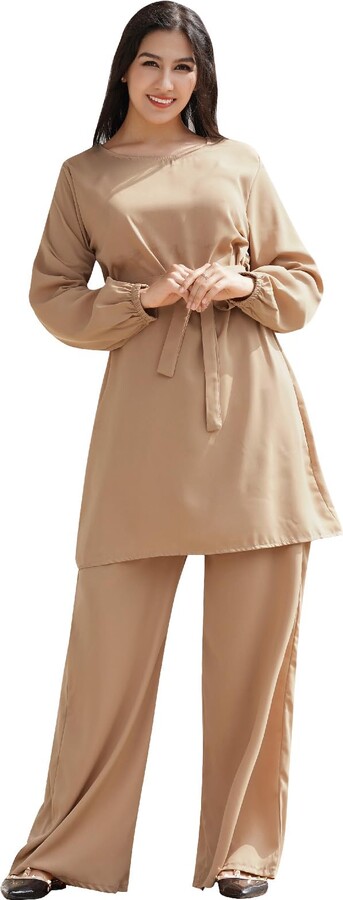 IBTOM CASTLEWomen Muslim Abaya Outfit Long Sleeve Dubai Robe Top + Wide ...