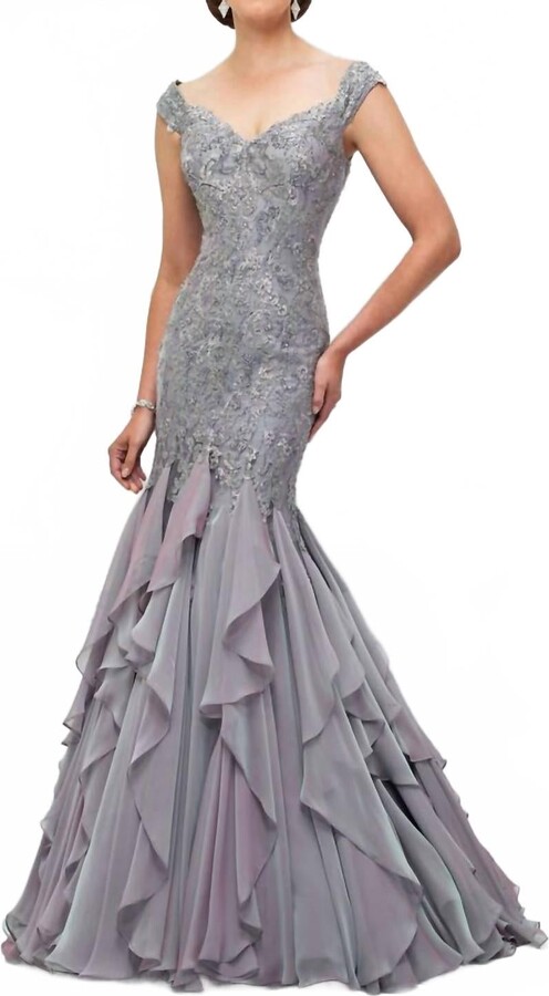 Ivonne D Beaded Trumpet Drop Waist Gown In Purple Haze - ShopStyle