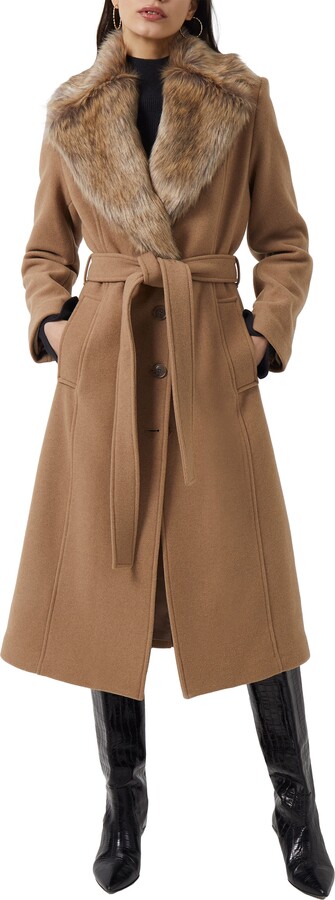 French Connection Favan Belted Wool Blend Coat with Faux Fur Collar ...