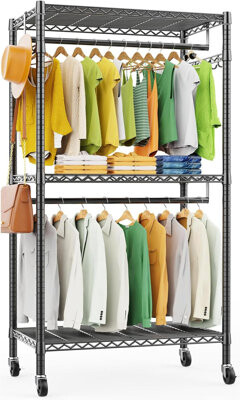 Rebrilliant G1M Heavy Duty Clothes Rack, 3 Tiers Rolling Garment Rack ...