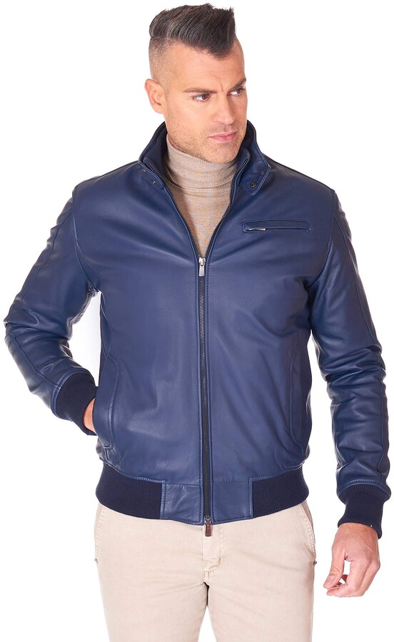 D'Arienzo Men's Italian Blue Bomber Leather Jacket Biker Genuine ...