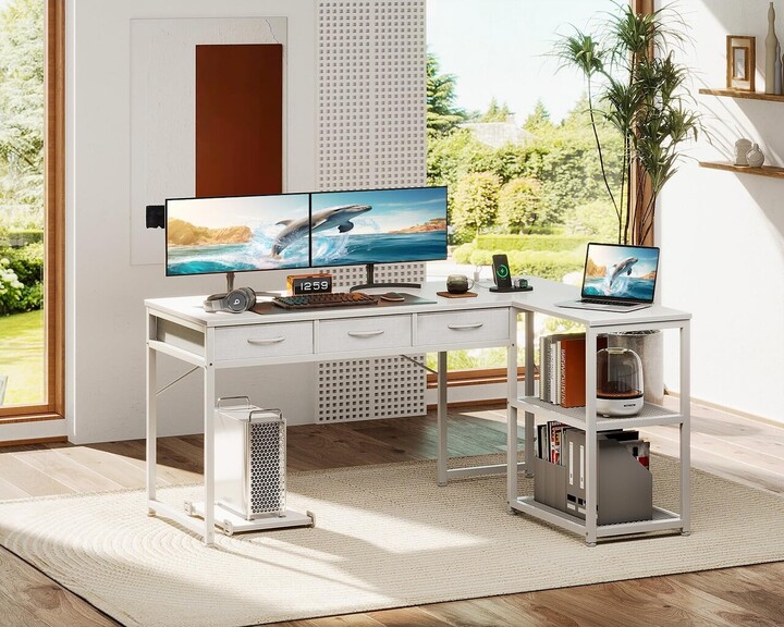 EPOWP L Shaped Desk with Drawers, 53" Corner Desk with Power Outlets ...