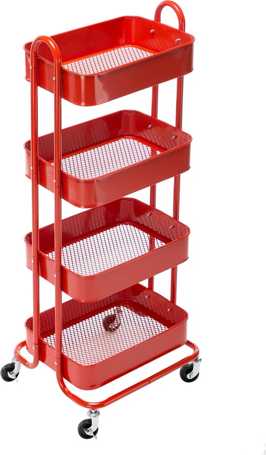 JUSHUA 4-Tier Red Metal Storage Shelves Organizer Trolley Cart with ...