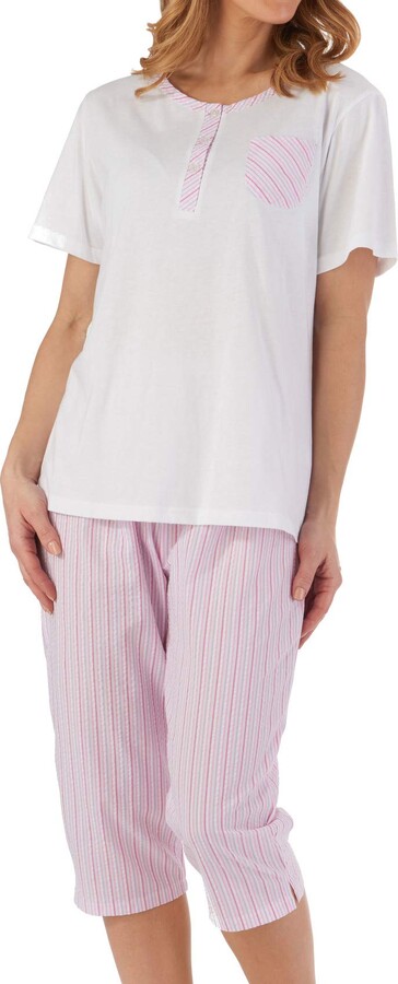 Slenderella Ladies Seersucker Cropped Pyjamas PJ55223 Pink 16-18 ...
