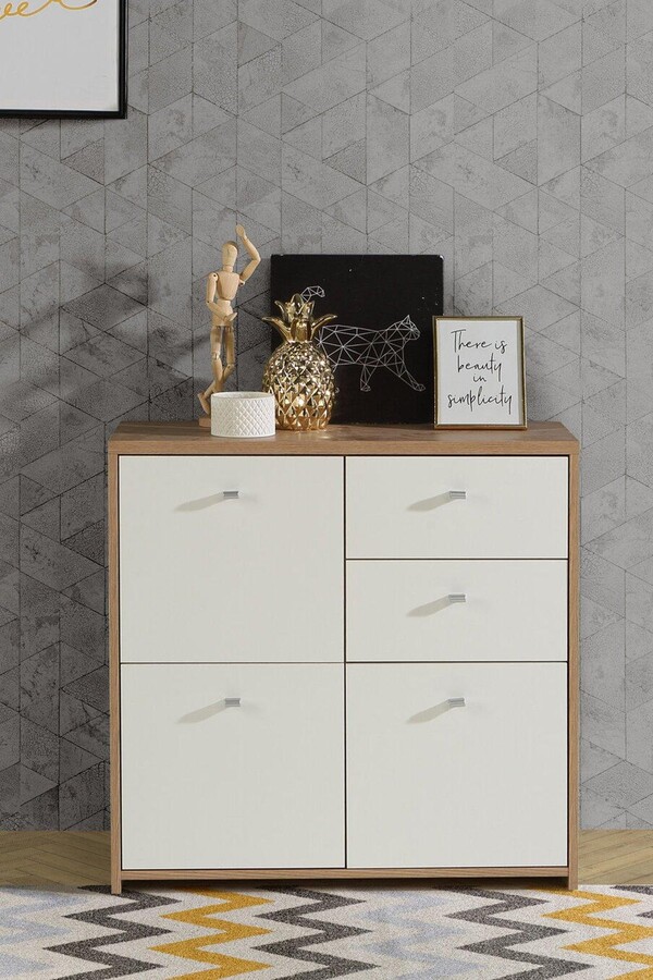 FWStyle Large 3 Door 2 Drawer Storage Unit Matt White & Sonoma Oak ...
