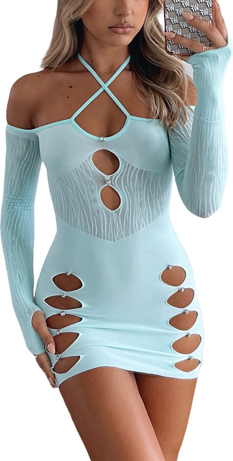 Sunfanrtnn Women Y2K Sexy Hollow Out Dress Halter Cut Out Bodycon Mini Dress Long Sleeve See ...