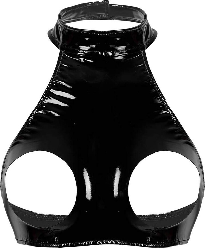 Msemis Womens Wetlook Leather Open Cup Bra Halter Neck Backless Crop