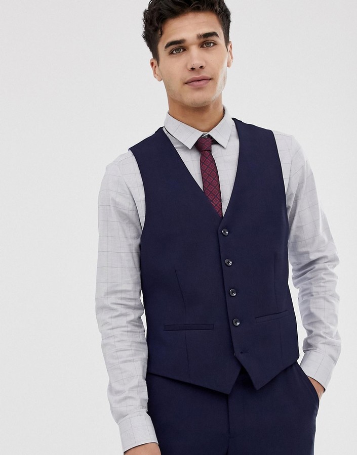 Moss Bros muscle fit suit vest in navy - ShopStyle