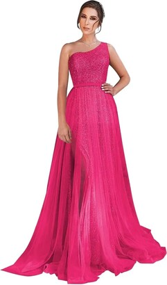 Generic One Shoulder Sequin Prom Dresses Long Glitter Tulle Ball Gown Pink Wedding Party Dress ...
