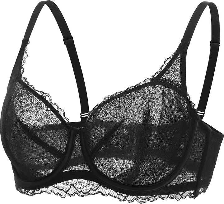 DOBREVA Women's Balconette Lace Bra See Through Minimizer Bras Unlined Underwire Black 40DD ...