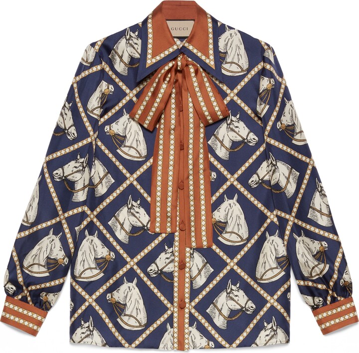 Gucci Check equestrian print silk shirt - ShopStyle Tops
